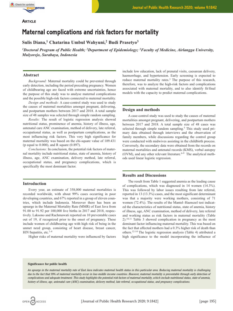 Diana Et Al 2020 Maternal Complications and Risk Factors For Mortality ...