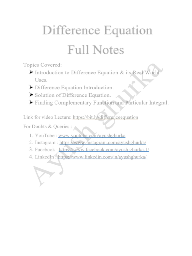 Difference Equation Full Notes | PDF