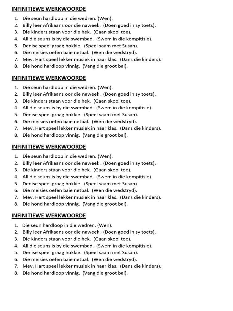 x4 Gr. 9 Infinitiewe-werkwoorde-aktiwiteit | PDF
