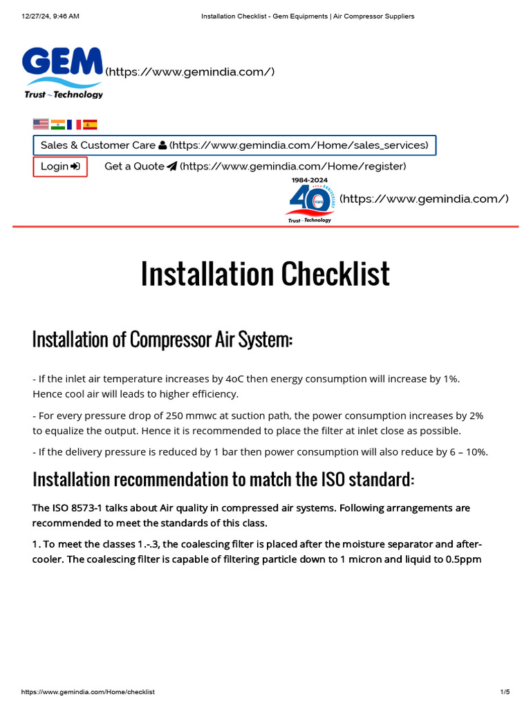 Installation Checklist - Gem Equipments _ Air Compressor Suppliers ...