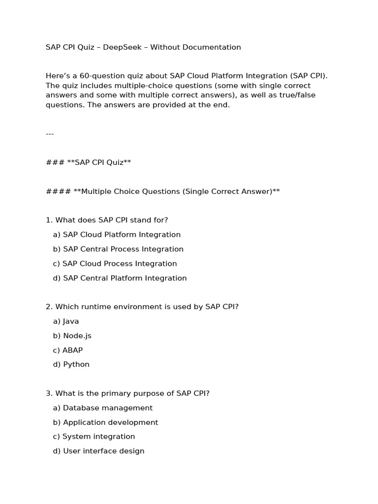 SAP CPI Quiz - DeepSeek Without Documentation | PDF | Databases | Cloud Computing