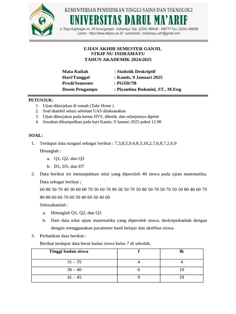 Format Soal Uas Ganjil Ta 2024-2025.Statistik Deskriptif Kelas 7b | PDF