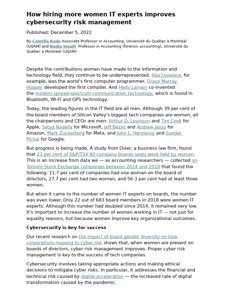 How hiring more women IT experts improves cybersecurity risk | PDF | Computer Security | Security