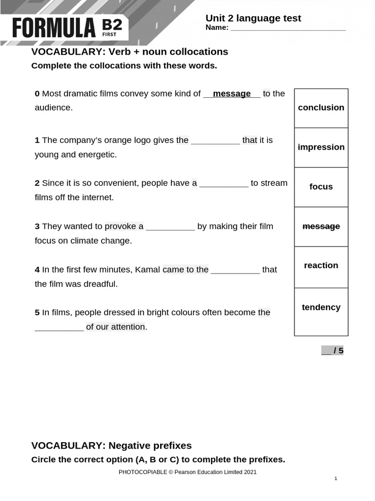 Formula B2 Unit 2 Test DF | PDF | Linguistics | Grammar
