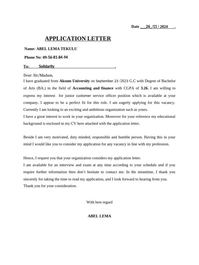 Application for Junior Customer Service Officer | PDF