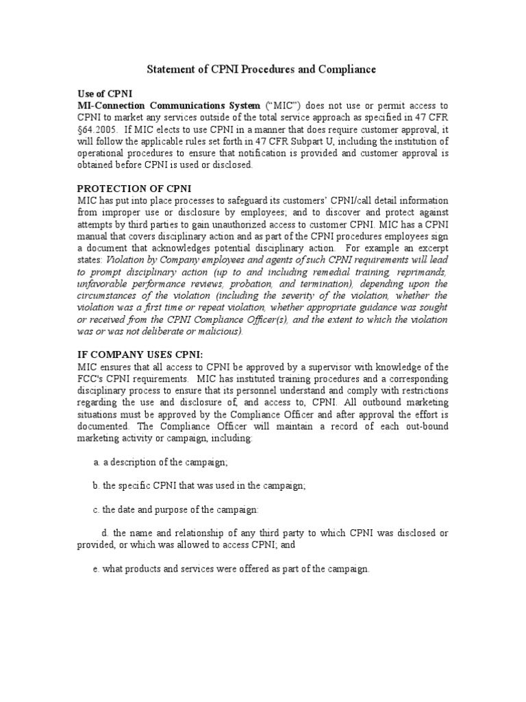 2011 CPNI Statement - MIC | PDF | Password | Authentication