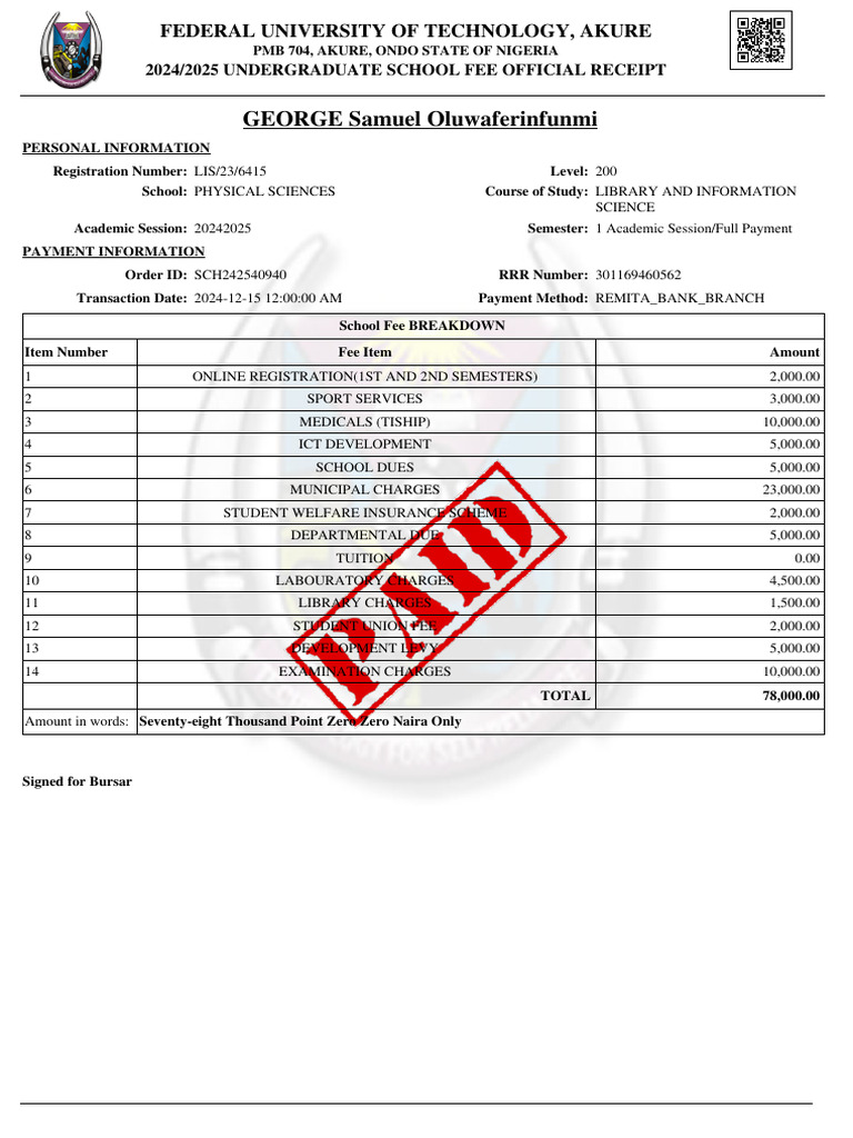 George Samuel Oluwaferinfunmi School Fee Receipt | PDF | Tuition ...