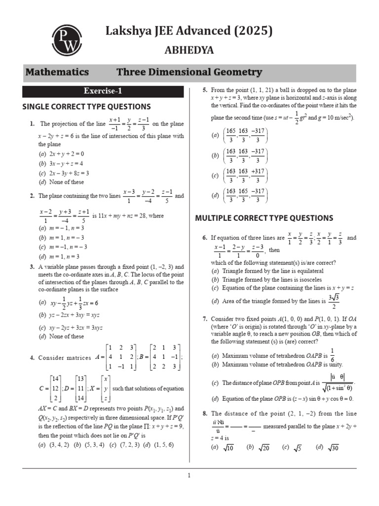 67349d062ba08005da1de0d5 - ## - Three Dimensional Geometry - JEE Advanced Practice Sheet ...