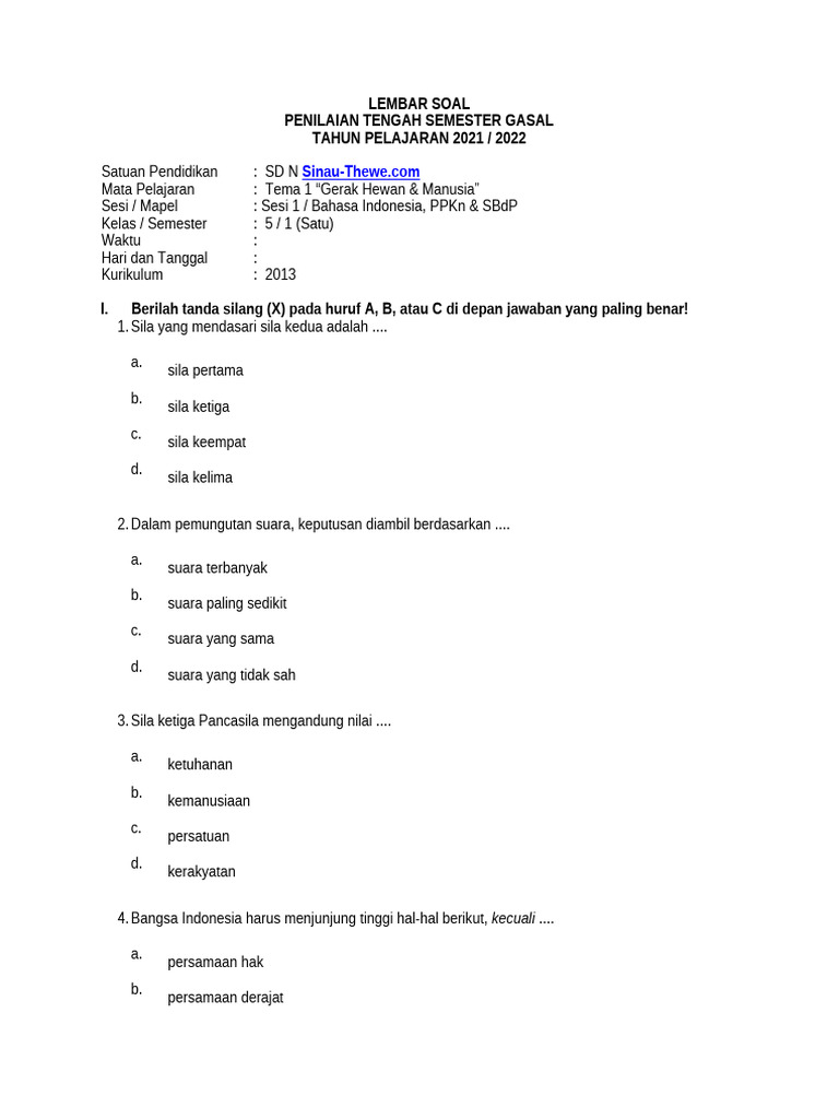 Soal & Jawaban PTS Kelas 5 Tema 1 Semester 1 Tahun 2021 | PDF