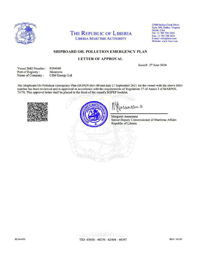 SOPEP Flag State Approval Letter | PDF