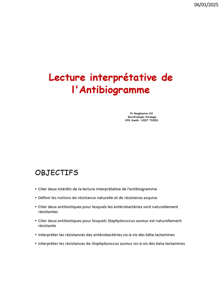 Lecture de l'Antibiogramme et Résistances | PDF | Résistance aux ...