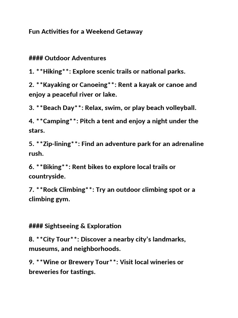 Weekend Getaway Activity Ideas | PDF