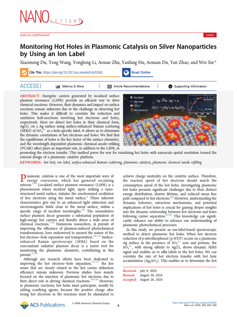 Du Et Al 2024 Monitoring Hot Holes in Plasmonic Catalysis On Silver ...