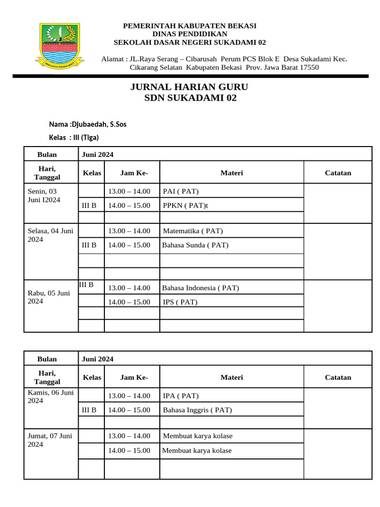Jurnal Harian Kelas 5 B | PDF