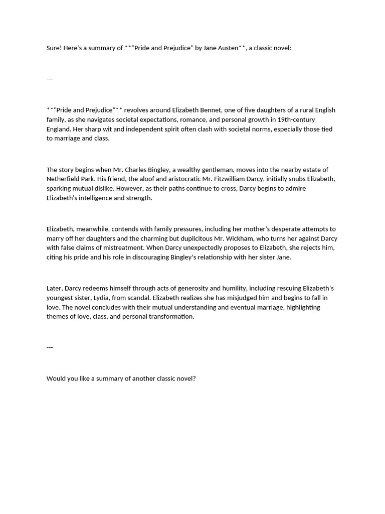 Summary of Pride and Prejudice | PDF