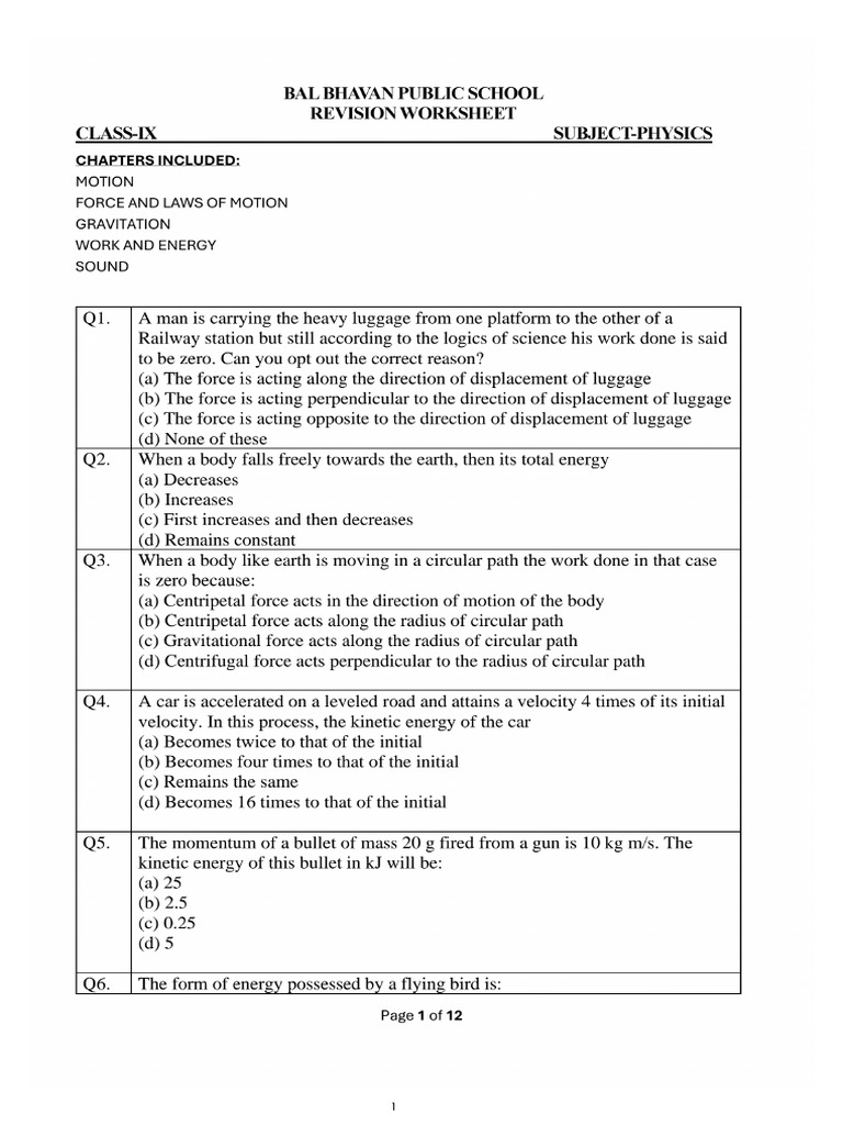 Class 9 Physics Annual Examination Revision Worksheet | PDF