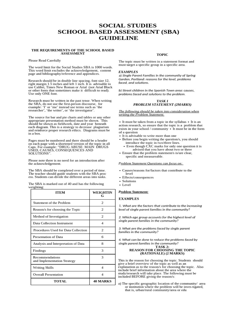 Sba Guidlines Social Studies | PDF | Survey Methodology | Family