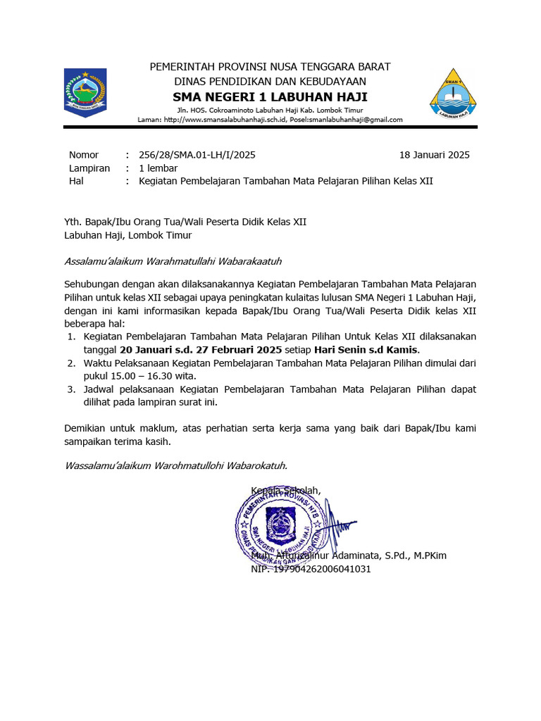 Surat Pemberitahuan Kegiatan Pelajaran Tambahan Kelas XII | PDF