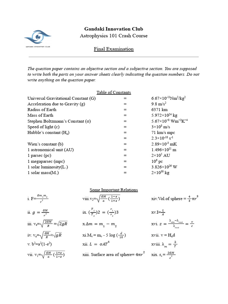 Astrophysics 101 Final Exam Question Paper | PDF | Stars | Comet