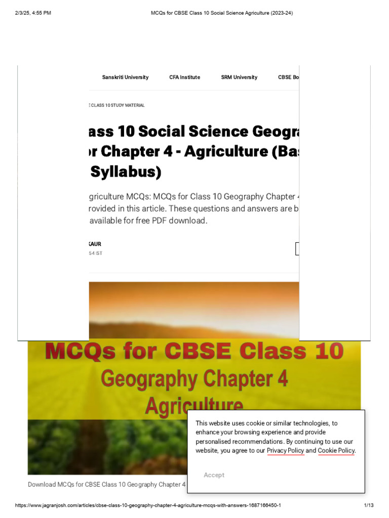 MCQs for CBSE Class 10 Social Science Agriculture (2023-24) | PDF | Multiple Choice | Agriculture