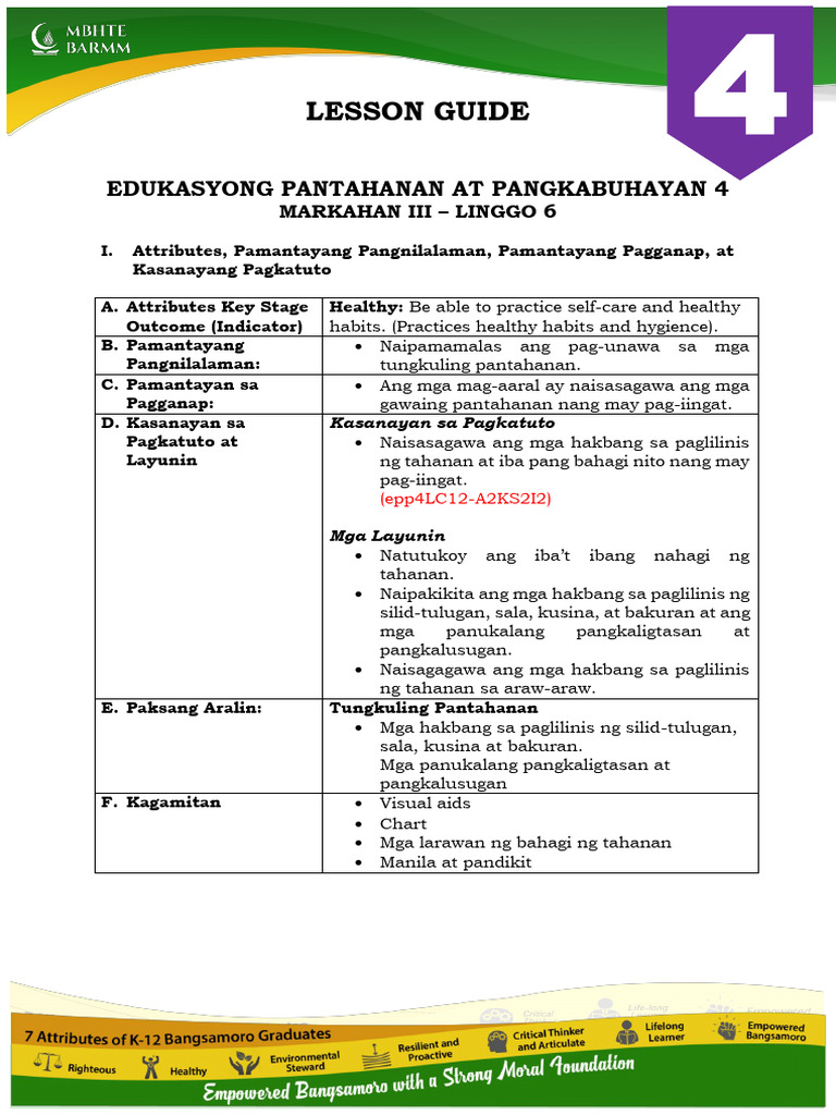 Lesson Guide: Edukasyong Pantahanan at Pangkabuhayan 4 | PDF