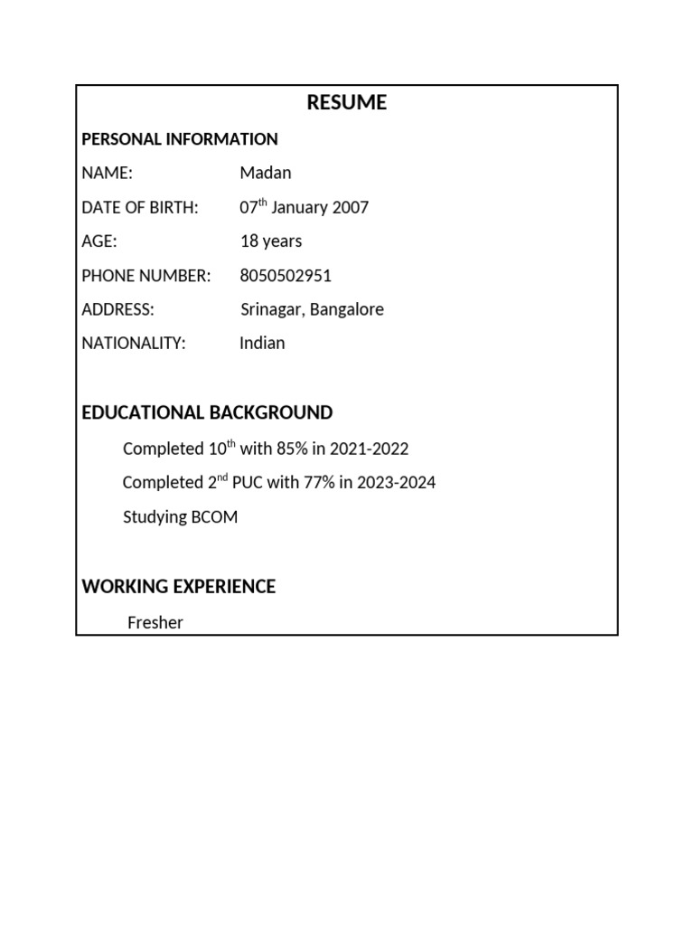 Madan's Resume: BCOM Student, Fresher | PDF