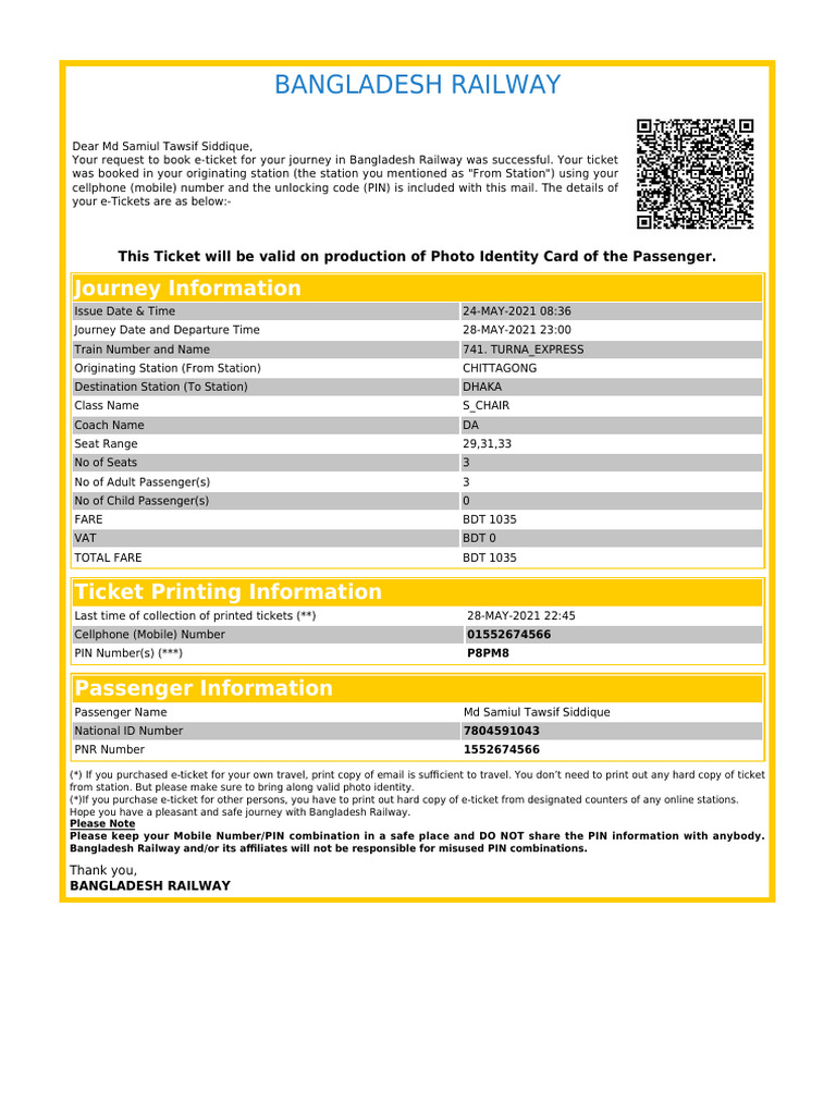 Bangladesh Railway E-Ticket Confirmation | PDF | Access Control ...
