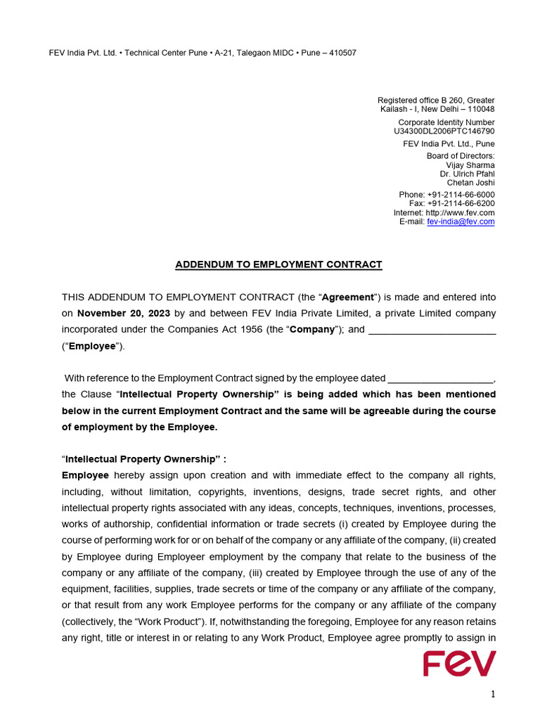 Addendum To Employment Contract | PDF | Employment | Intellectual Property