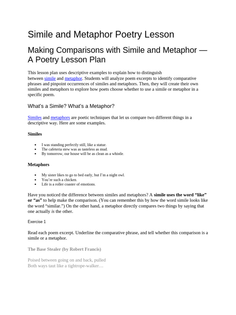 Simile and Metaphor Poetry Lesson | PDF