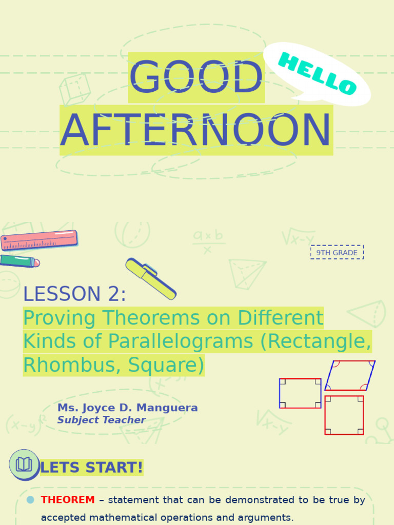 Lesson-2-Proving-Theorems-on-Different-Kinds-of-Parallelograms-Rectangle-Rhombus-Square | PDF ...