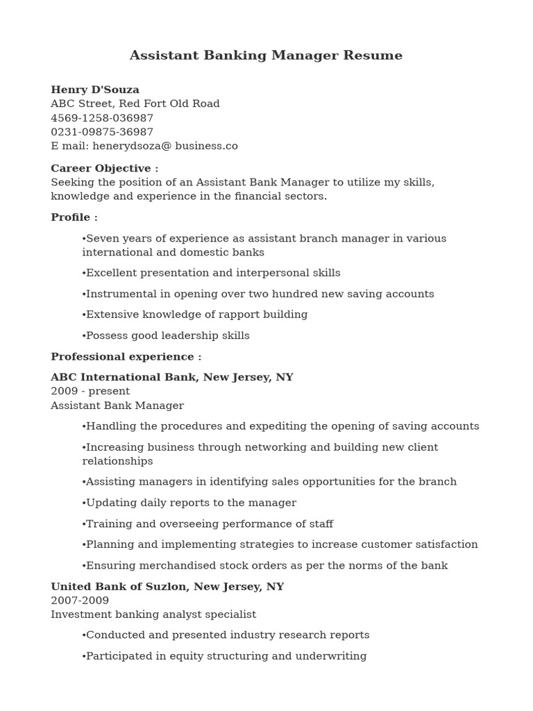 Assistant Banking Manager Resume | PDF