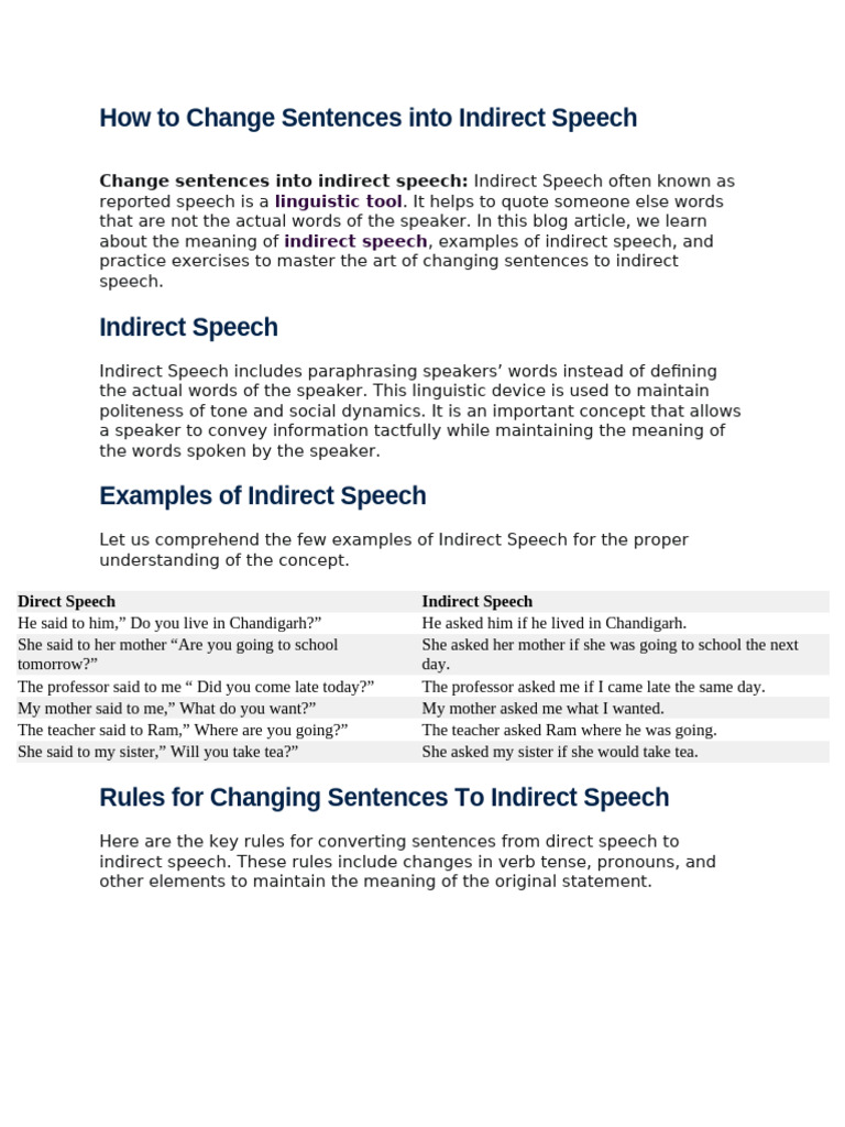 Changing Sentences Direct Into Indirect Speech | PDF | Question | Speech