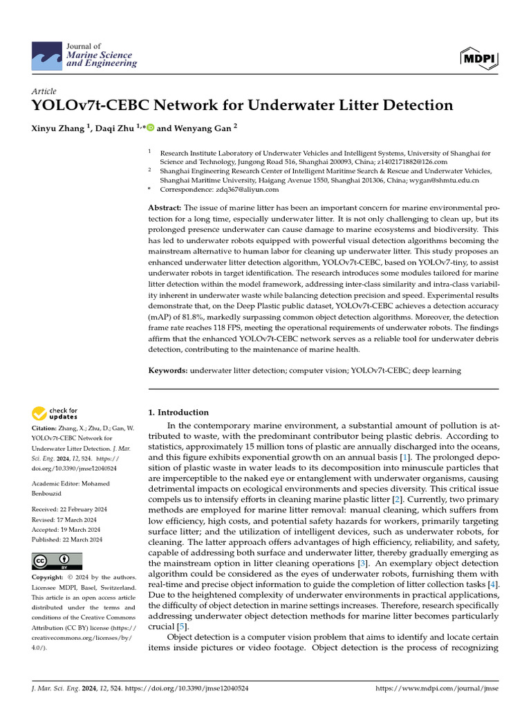 Yolov7T-Cebc Network For Underwater Litter Detection: Marine Science ...