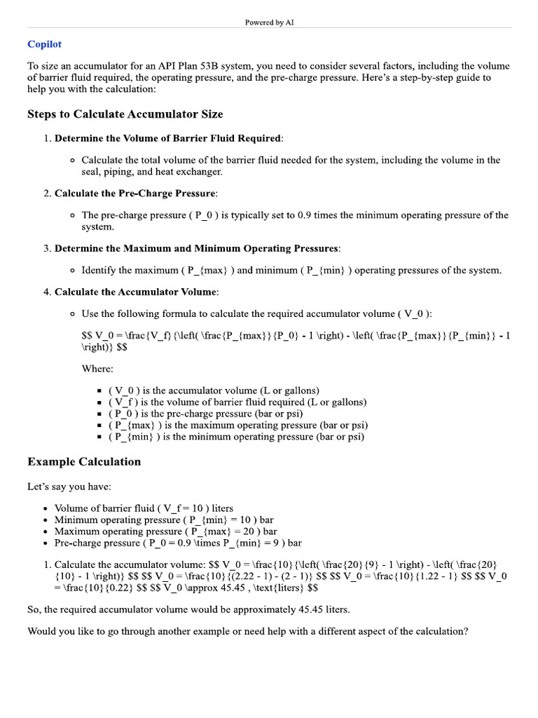 Accumulator Sizing Calculation For Seal Plan 53B | PDF