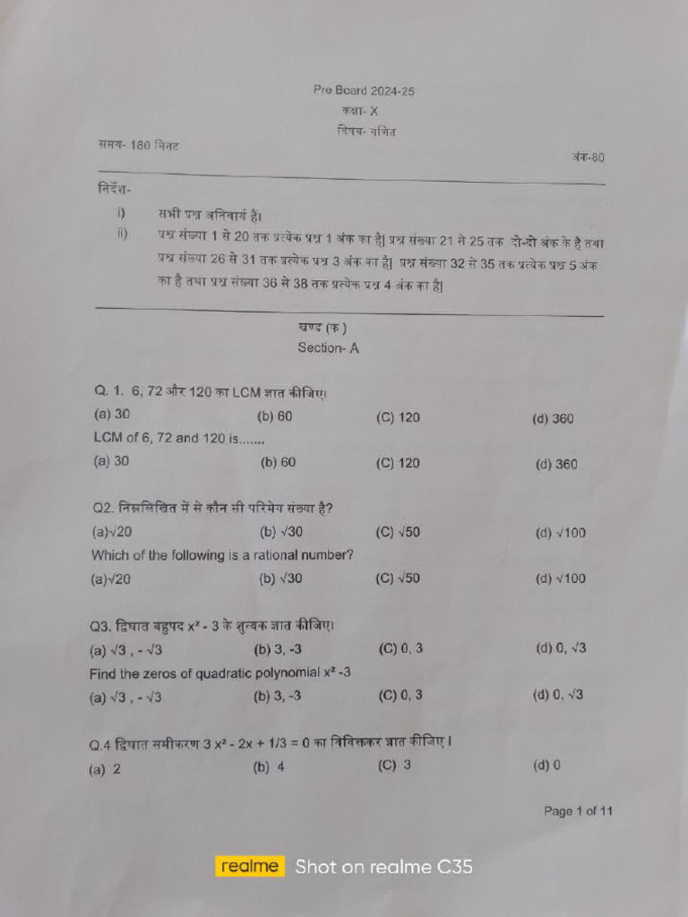 HBSE Class 10 Math Preboard 2025 | PDF