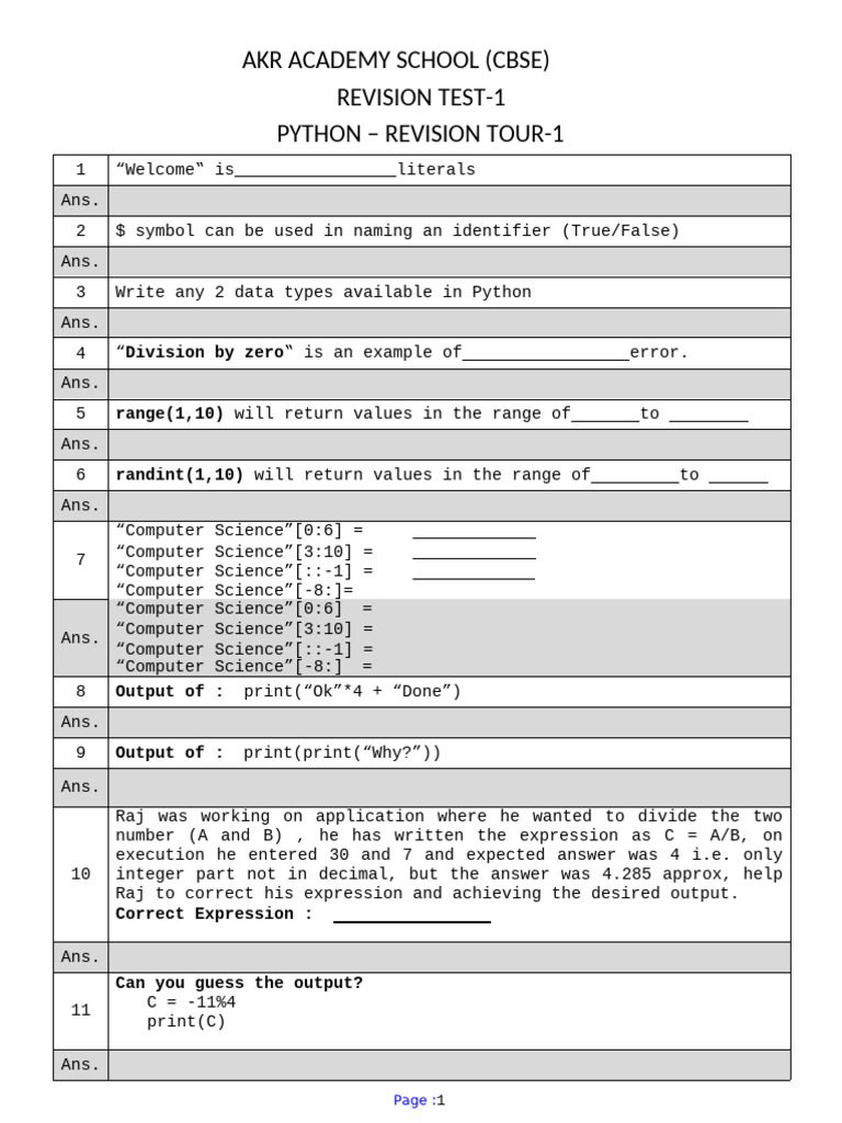 Revision Test 1 Pdf Python Programming Language Boolean Data Type 6211