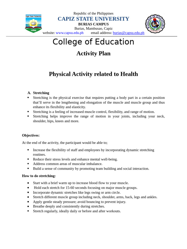 Activity Plan in Ped110 Final | PDF | Flexibility (Anatomy) | Physical ...