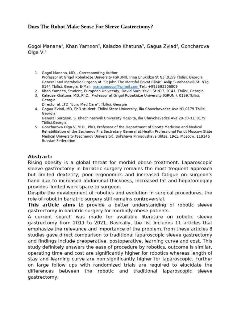 Robotic vs. Laparoscopic Sleeve Gastrectomy | PDF | Bariatric Surgery ...