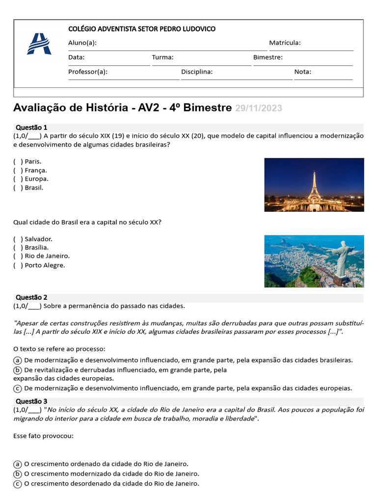 AV2 HISTÓRIA 4º BIM 3º ANO | PDF | Cidade | Brasil