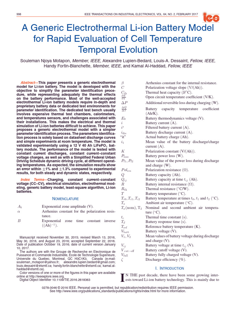 A Generic Electrothermal Li-ion Battery Model for Rapid Evaluation of ...