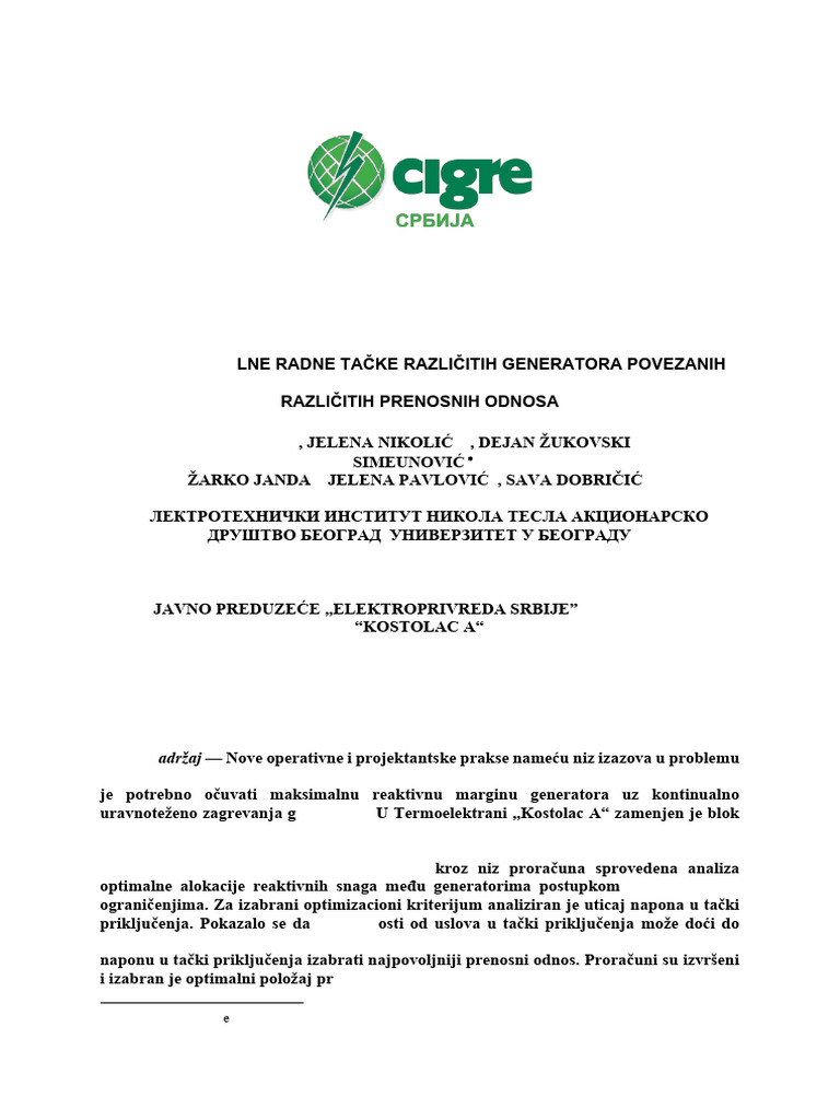 Izbor Optima Lne Radne Tačke Različitih Generatora Povezanih Na Iste ...