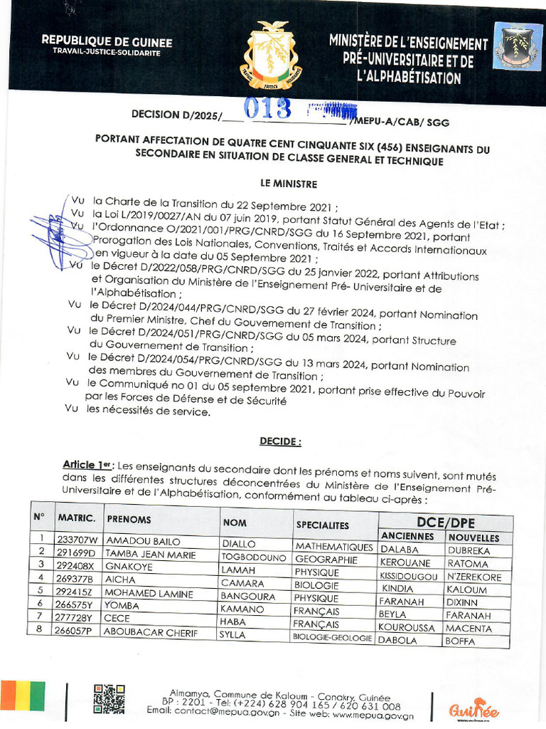 DÉCISION Portant Affectation de (456) Enseignants Du Secondaire | PDF