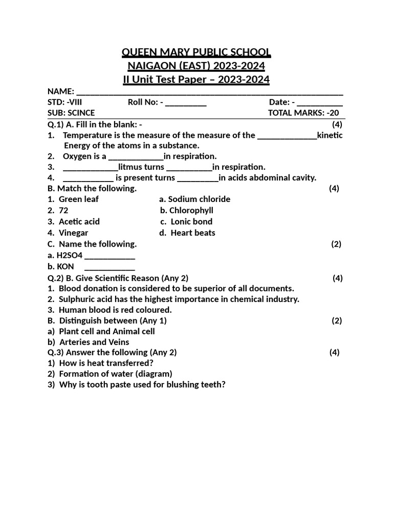 Grade 8 Science Unit Test 2023 | PDF