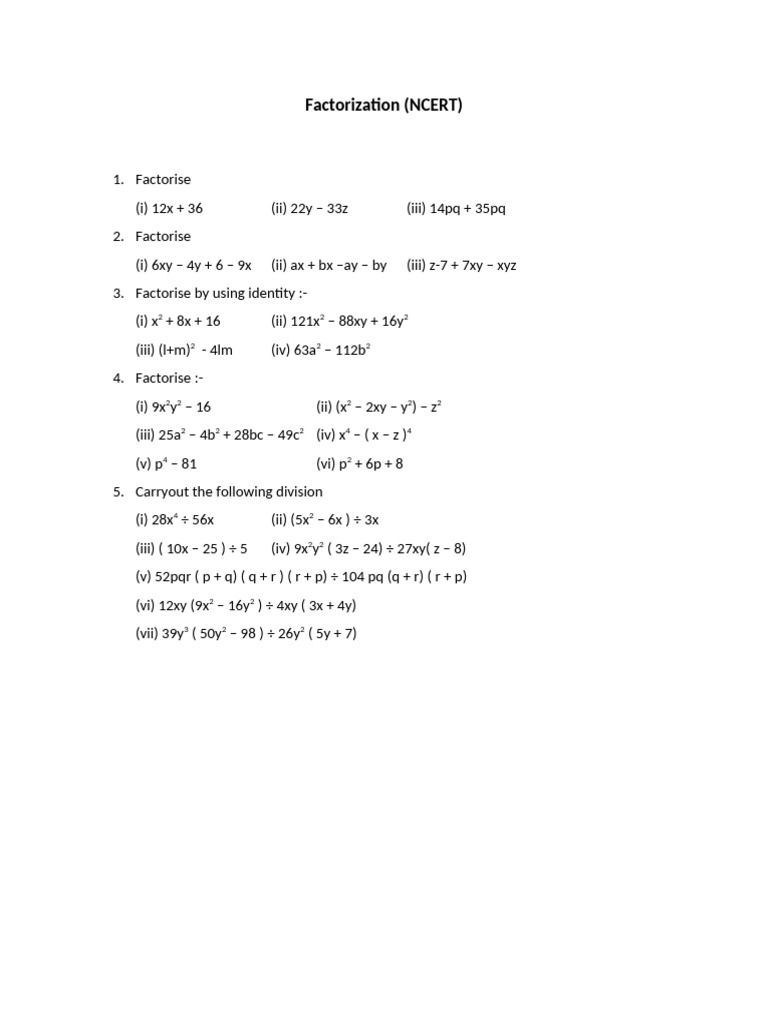 Factorization (NCERT) | PDF