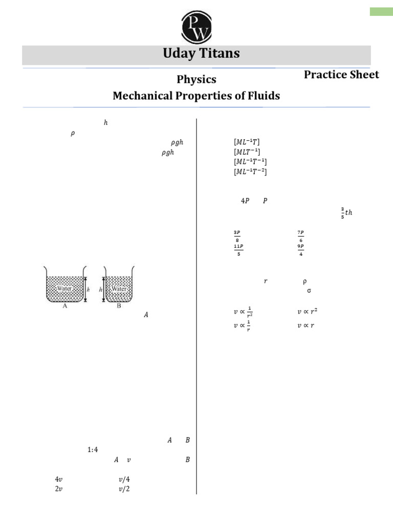 Mechanical Properties of Fluids - Practice Sheet - Uday Titans | PDF | Pressure | Fluid Dynamics