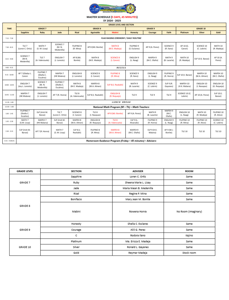 2024-2025 School Year Master Schedule | PDF