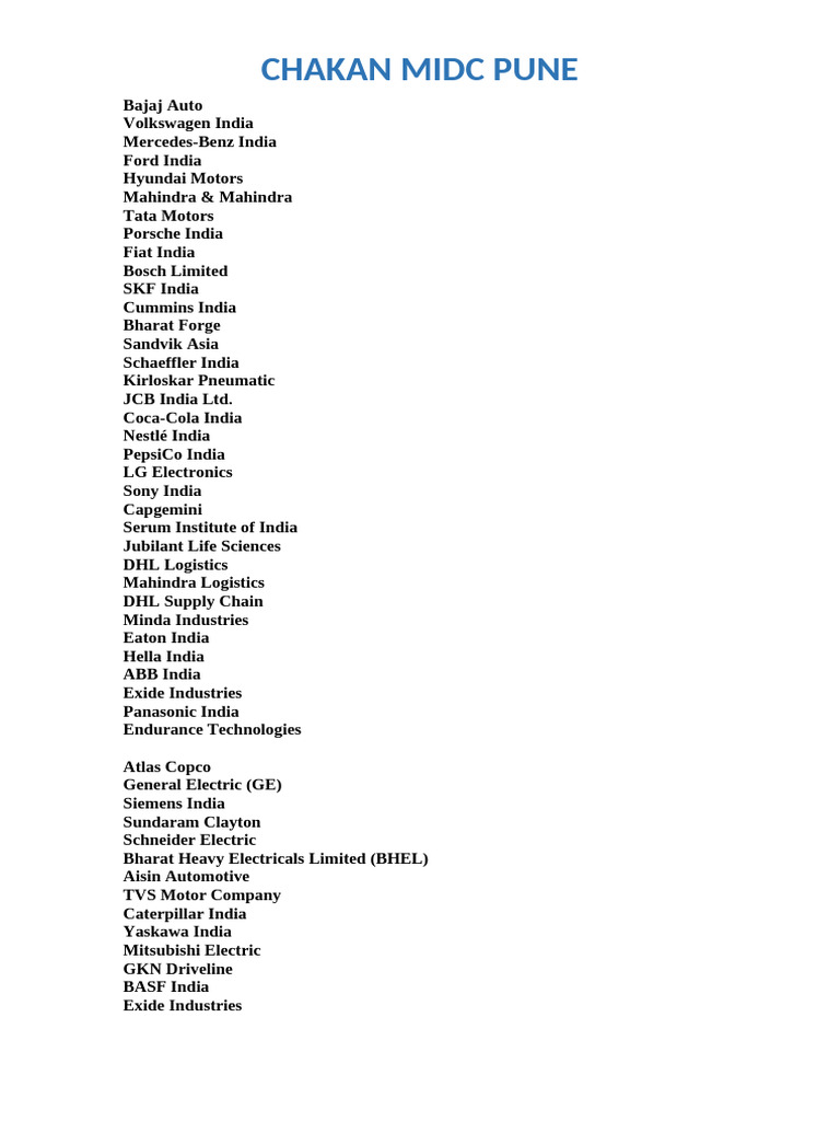Chakan MIDC Pune Company List | PDF