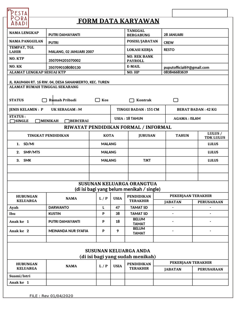 Formulir Data Karyawan Putri Damayanti | PDF