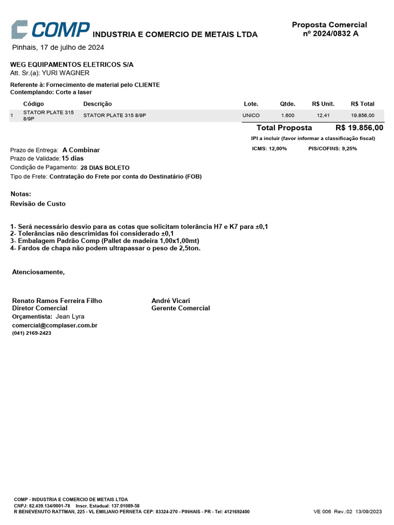 Proposta Comercial Nº 2024 0832 A Industria E Comercio De Metais Ltda Pdf