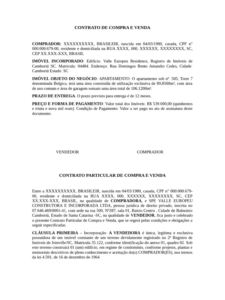 CONTRATO DE COMPRA E VENDA VALLE EUROPEU APTO | PDF | Direito Privado